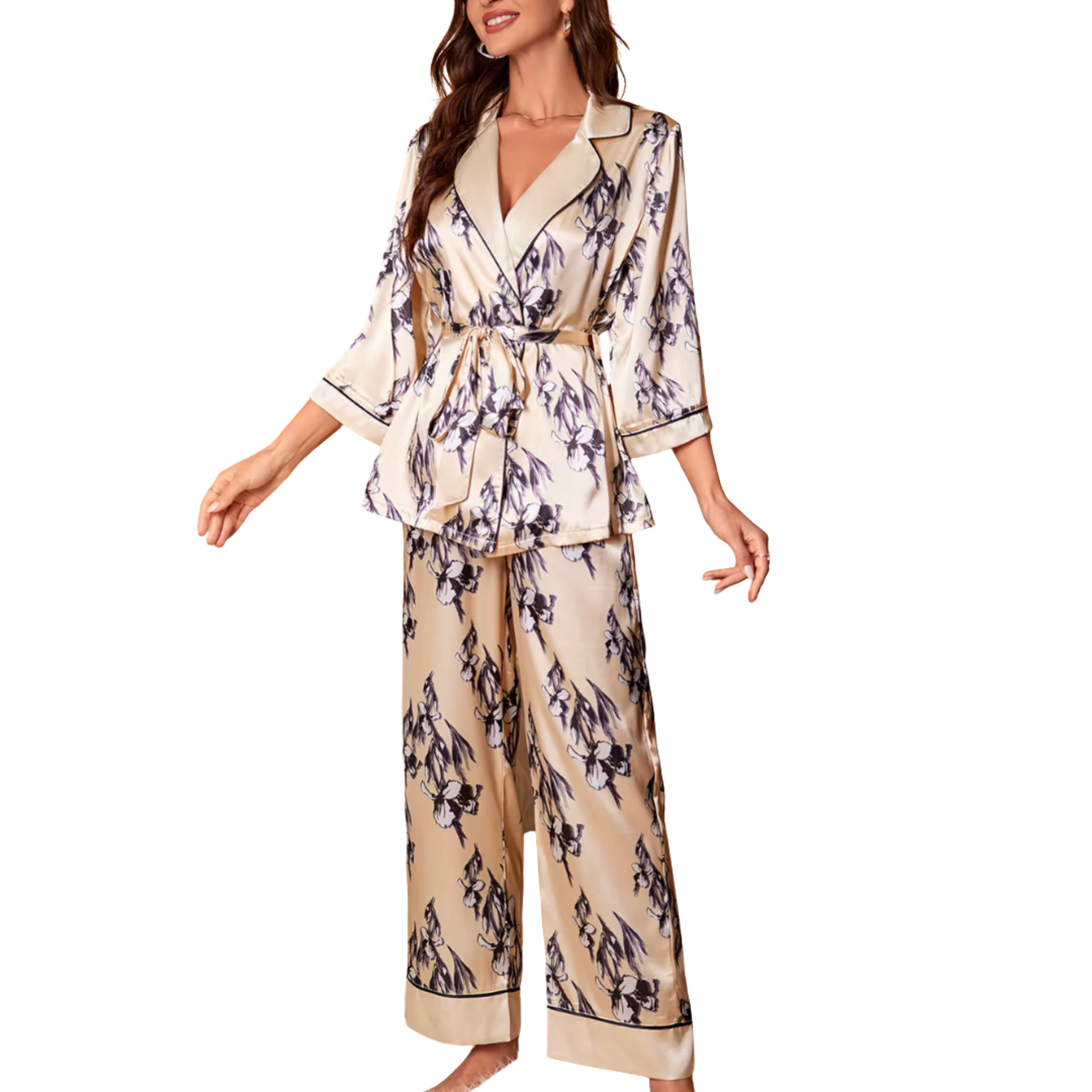 Belted Satin Robe & Pants PJ Set