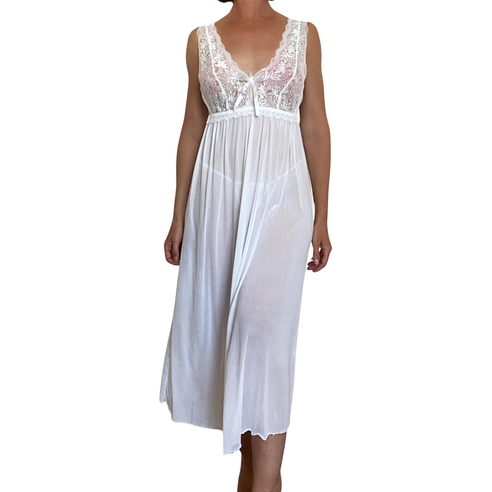 Long Sleeveless Lace Sheer Nightgown